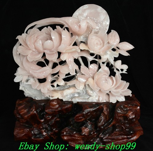 17" China Fine Natural Xiu Pink Jade Carve Peony Flower Phoenix Bird ...