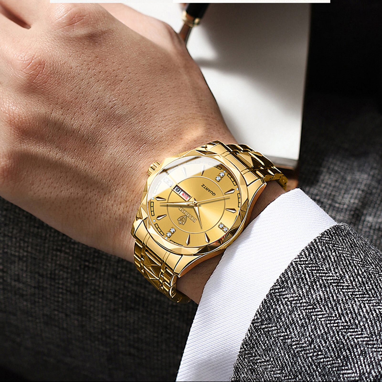 Men Women Luxury Date Calendar Gold Tone Stainless Steel Analog Quartz ...