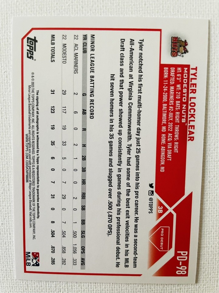 2023 Topps Pro Debut Tyler Locklear RC Auto #PD-98 Modesto Nuts Seattle ...