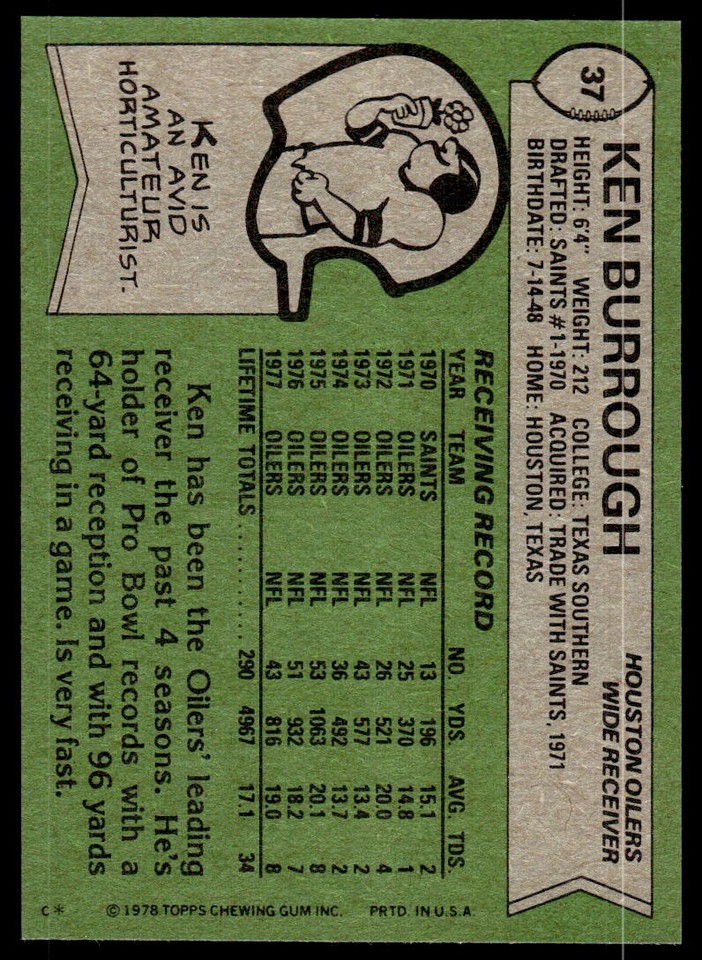 1978 TOPPS KEN BURROUGH K HOUSTON OILERS #37 | eBay