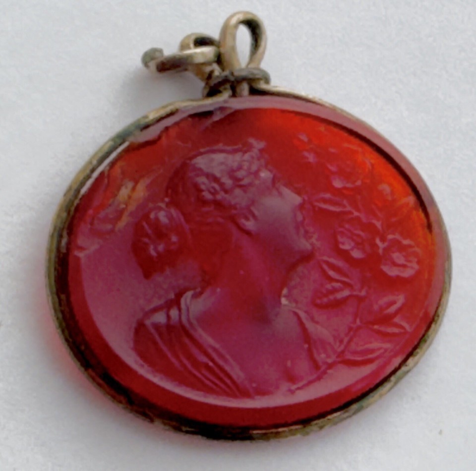 Vintage Red Glass Intaglio Relief Pendant Art Nouveau Lady Flowers ...