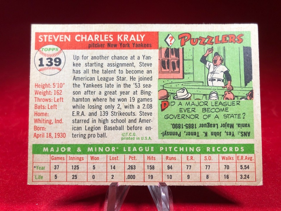 1955 Topps Steve Kraly #139 Rookie New York Yankees | eBay