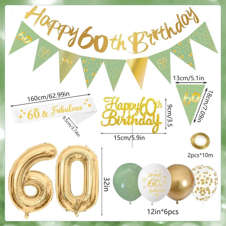 Sage Green Gold White 60th Birthday Banners, Balloons, Cake Topper ...