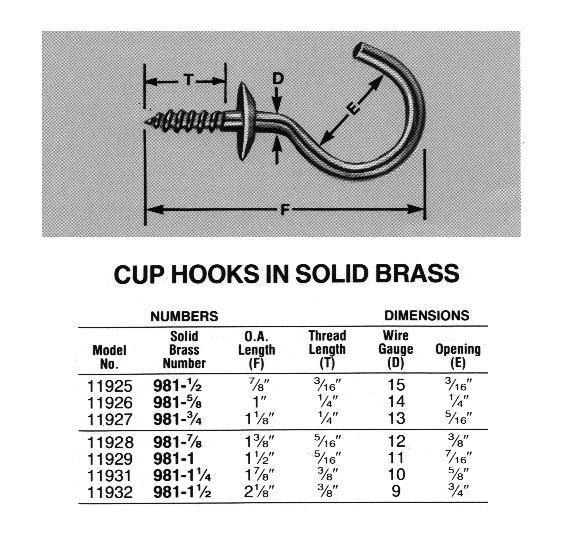 CUP HOOK, SOLID BRASS, 1-7/8" LENGTH, 3/8" OF THREAD | eBay