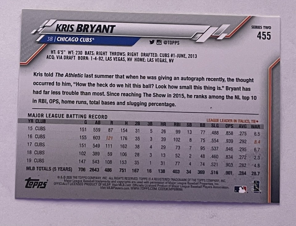 TOPPS 2020 KRIS BRYANT #455 SS CHICAGO CUBS BASEBALL CARD | eBay
