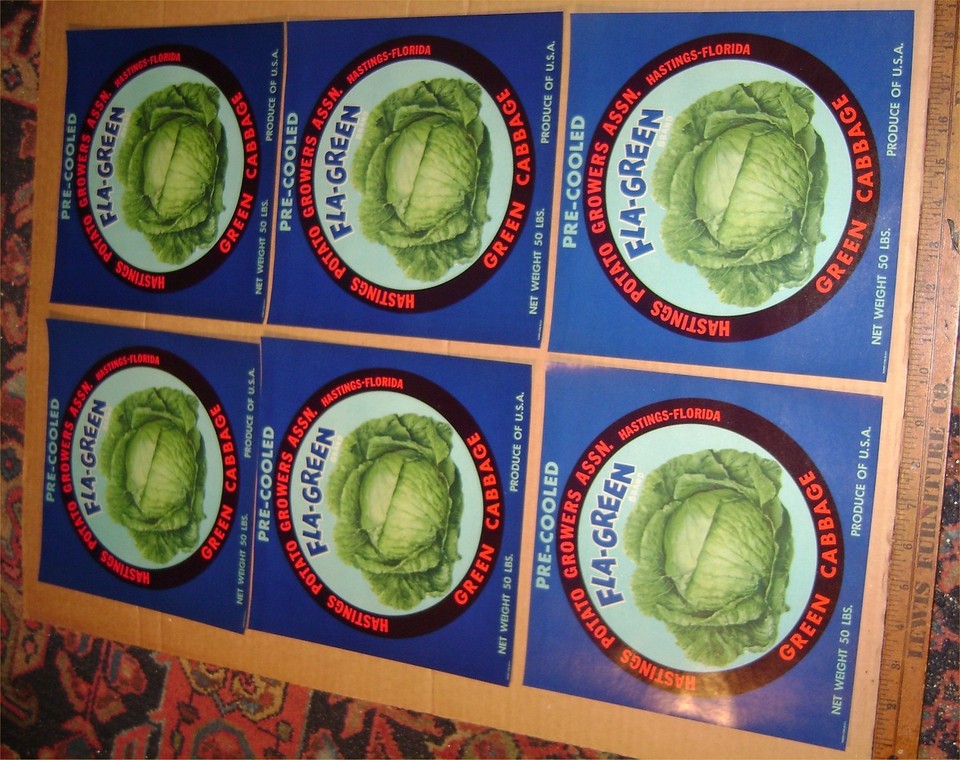 6 VINTAGE CABBAGE Unused CRATE LABELS 1930-1960 ADVERTISING -Bright ...