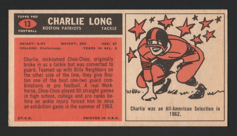 1965 Topps Football #13 - CHARLIE LONG - BOSTON PATRIOTS | eBay