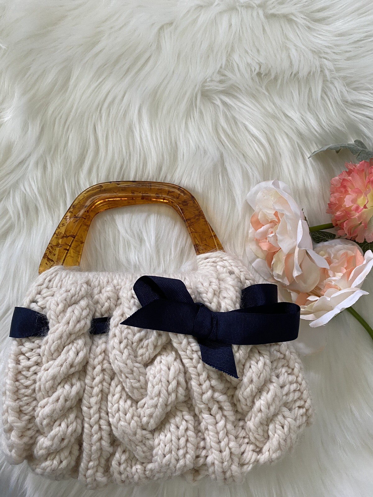 Cable Knit Handbag Vintage Handmade Beige W Navy Bow Acrylic Tortoise ...