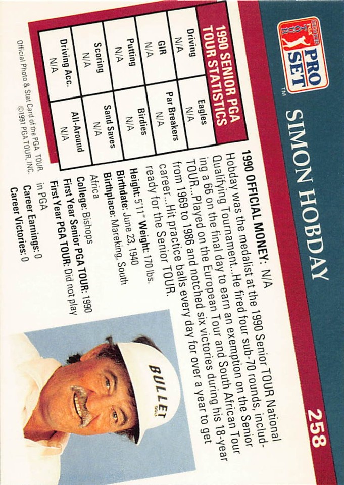 1991 Pro Set PGA Tour #258 Simon Hobday | eBay