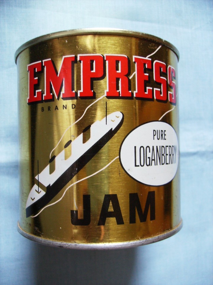 VINTAGE EMPRESS PURE LOGANBERRY JAM 2 POUND PRY LID TIN WITH STEAMSHIP ...
