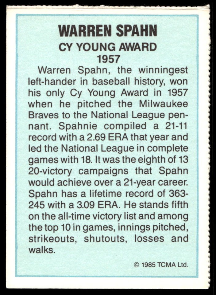 1985 TCMA Cy Young Award Warren Spahn Braves Baseball Card | eBay