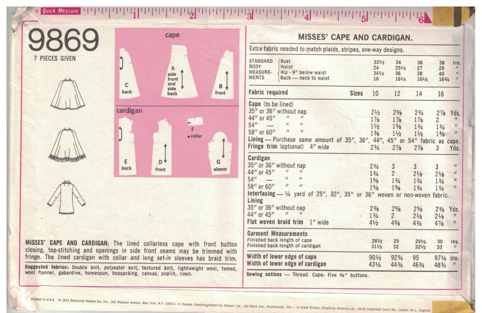 9869 Vintage Simplicity Sewing Pattern Misses Lined Cape Cardigan ...