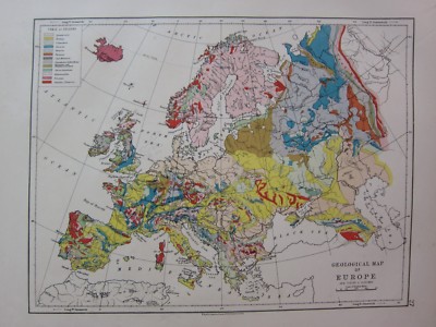 1901 VICTORIAN MAP GEOLOGICAL EUROPE JURASSIC VOLCANIC TERTIARY ...