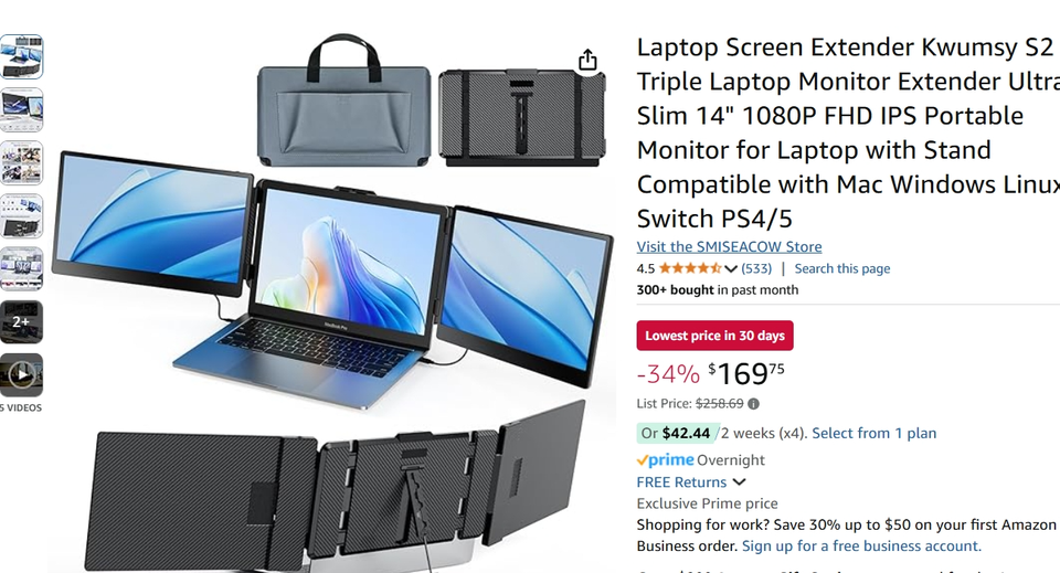 Extender Kwumsy S2 Triple Laptop Monitor Extender Ultra Slim 14" 1080P ...