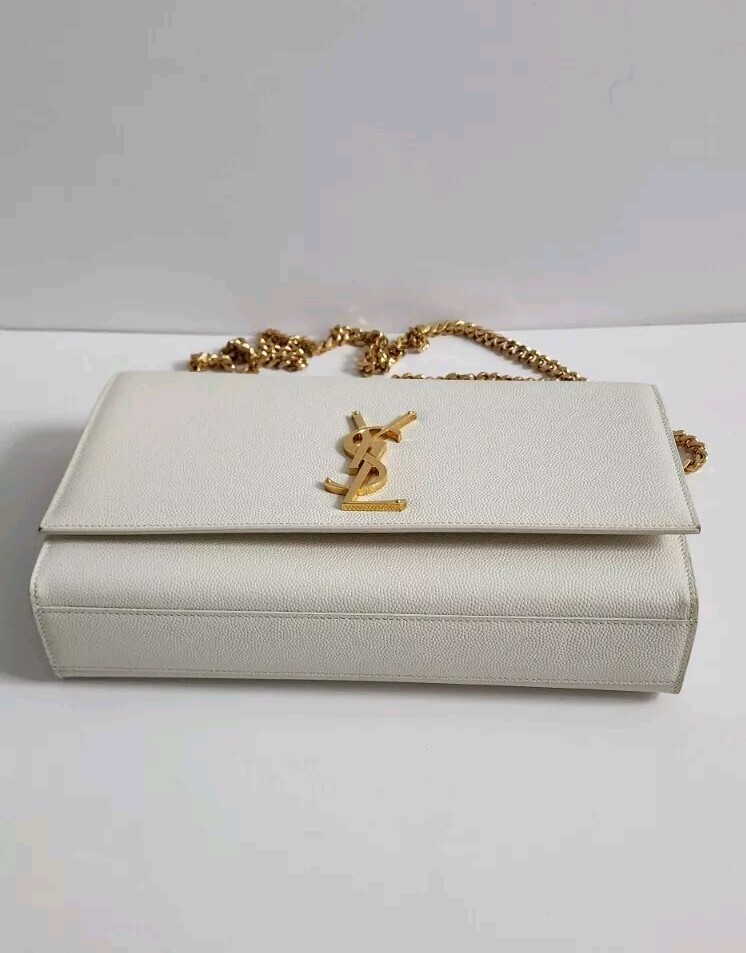 YSL SAINT LAURENT MONOGRAM KATE DOVE WHITE GOLD HARDWARE GRAINED ...