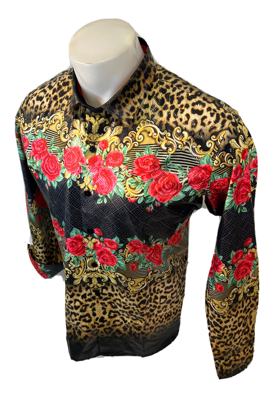 Button Down SHIRTS MEN BAROQUE LONG SLEEVE BLACK LEOPARD ROSES ...