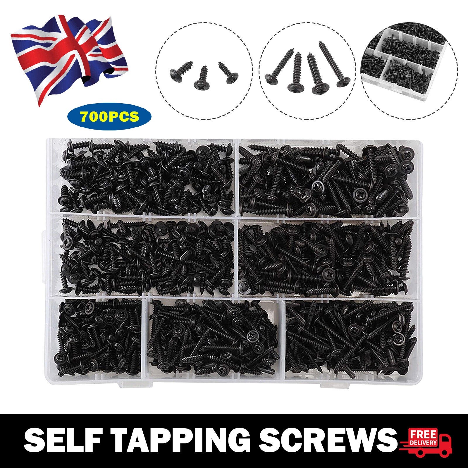 Assorted Box of Black Self Tapping Screws 700pcs Flanged Workshop ...