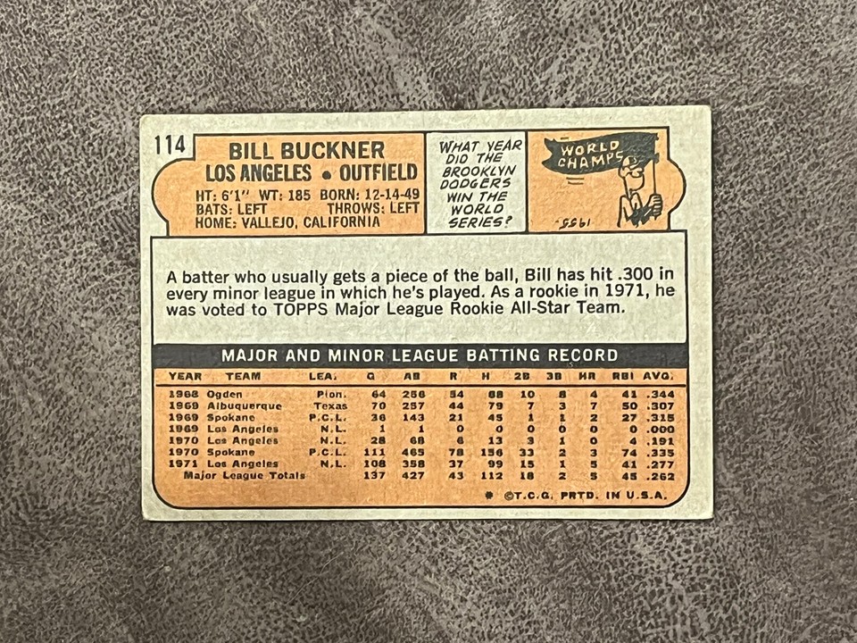 1972 Topps Bill Buckner 1971 Topps All-Star Rookie #114 EX-NM LA ...