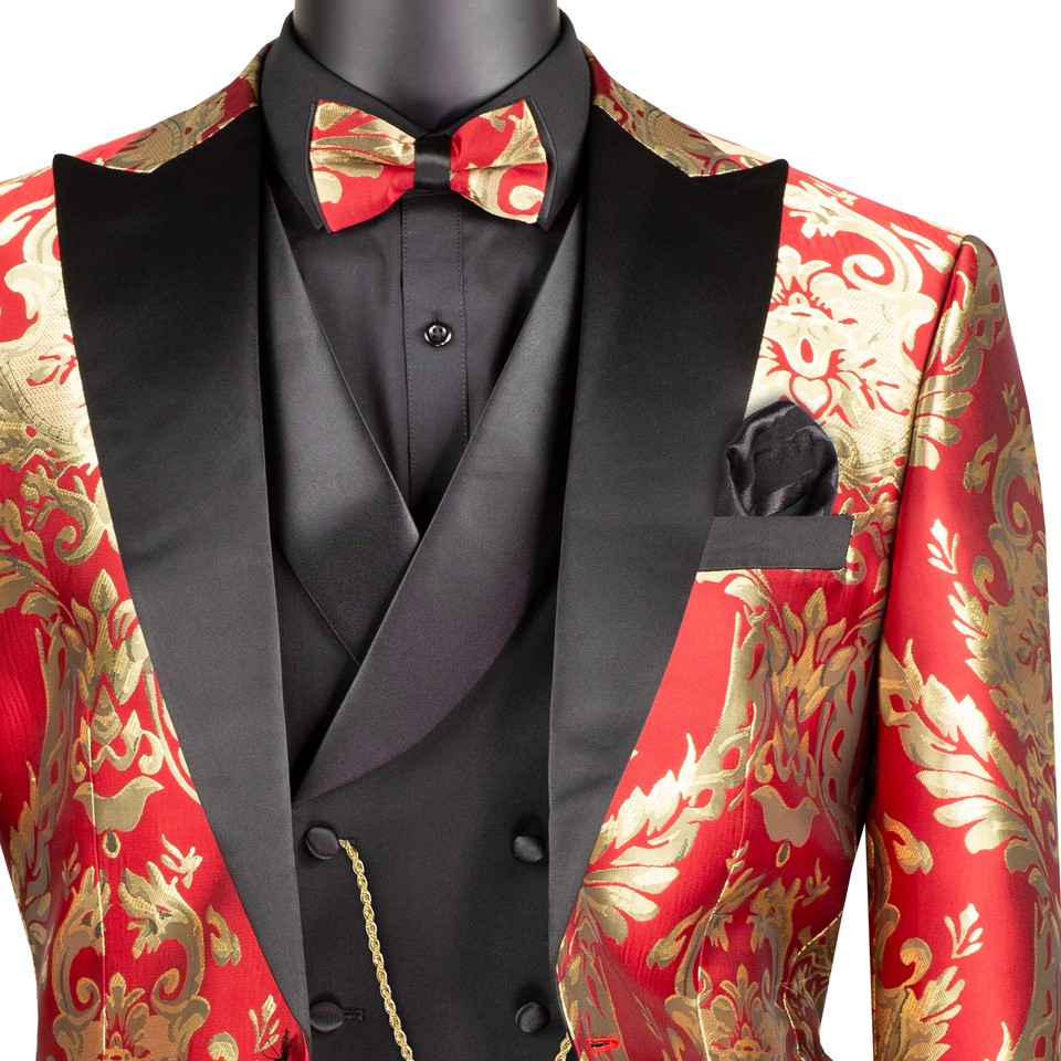 VINCI Men's Red & Gold Jacquard 3pc Modern Tuxedo w/ Bow-Tie - NEW | eBay