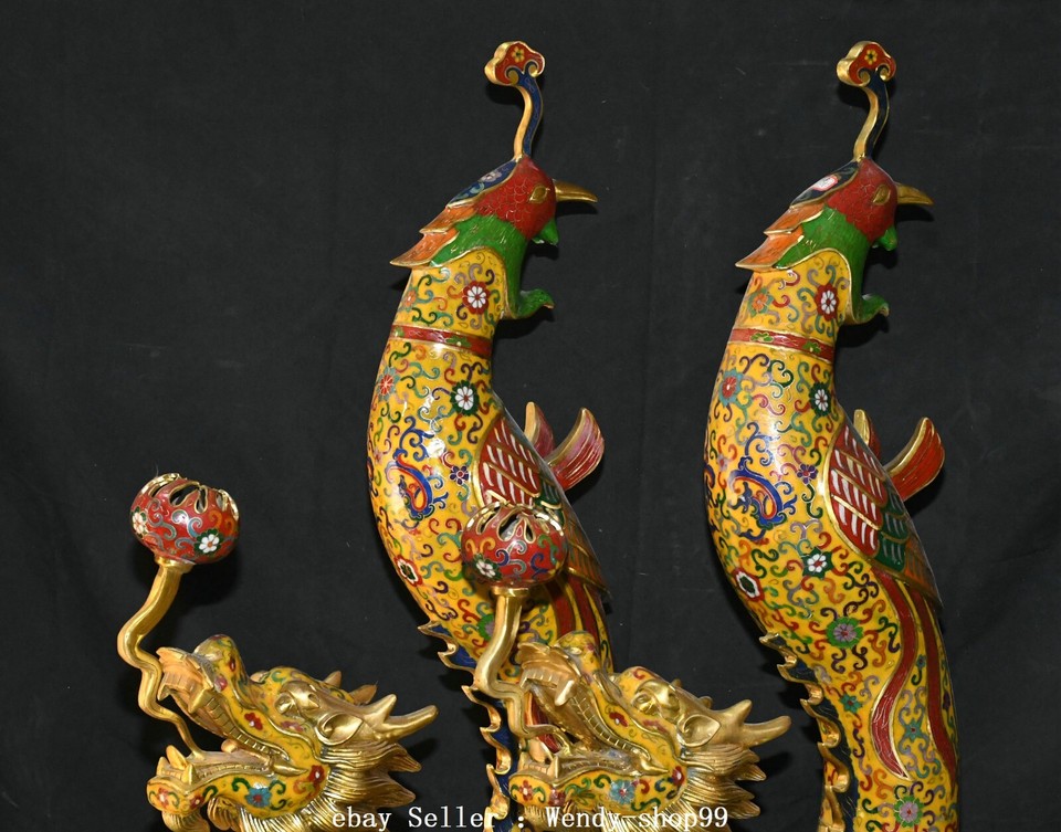 Old Cloisonne Enamel Copper Gilt Dragon Phoenix Candle Holder ...