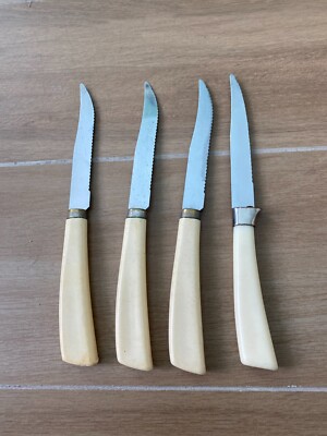 Vintage Steak Knives 4 Ivory Colored Handles Stainless Steel Serrated 8 ...