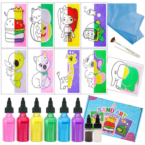 9 Sand Art Pictures Kit Sand Painting Kids Сolor Sand Art Sheets Peel ...