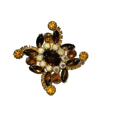 Vintage Statement Brooch Amber Topaz Color Navette Rhinestones Prong ...
