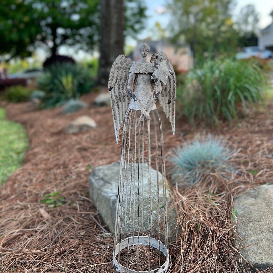 Antiqued Metal Garden Angel Statue wt.Star Wand, Indoor Outdoor Angel ...