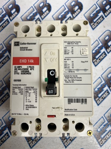 CUTLER HAMMER EHD3060, 60 Amp, 480 Volt, 3P, Red, 14K Circuit Breaker ...