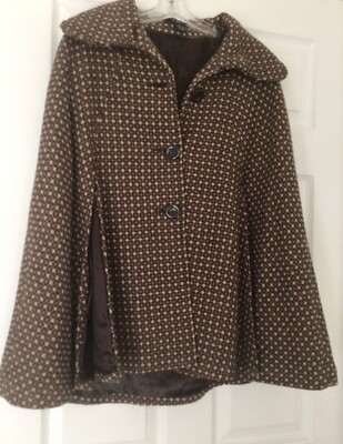 BROWN/TAN CAPE JACKET BY CEJON WOOL/POLY LDS S/M NEW NEVER WORN CLASSY ...