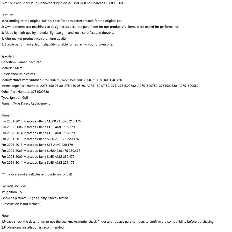 Left Coil Pack Spark Plug Connectors Ignition 2751500780 For Mercedes ...