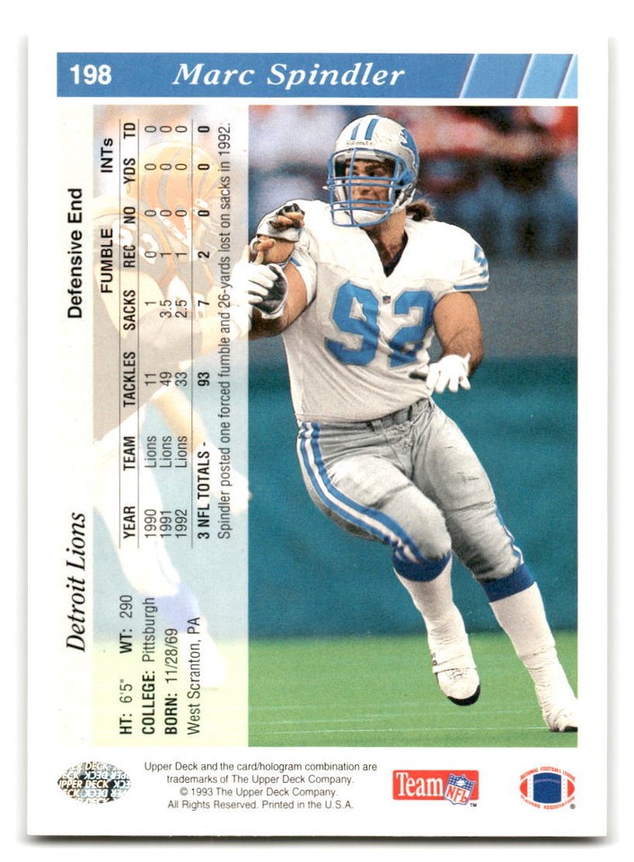 Marc Spindler 1993 Upper Deck FOOTBALL #198 Detroit Lions | eBay