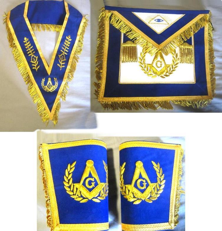 MASONIC REGALIA SET MASTER MASON APRON COLLAR CUFFS & GLOVES PAIR BLUE ...