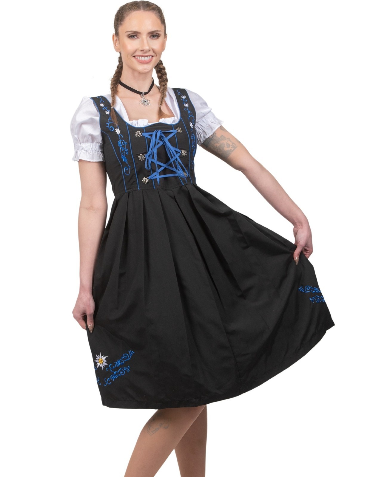 XS 4 EMBROIDERED German Dirndl Dress Oktoberfest Party Long Black Blue ...