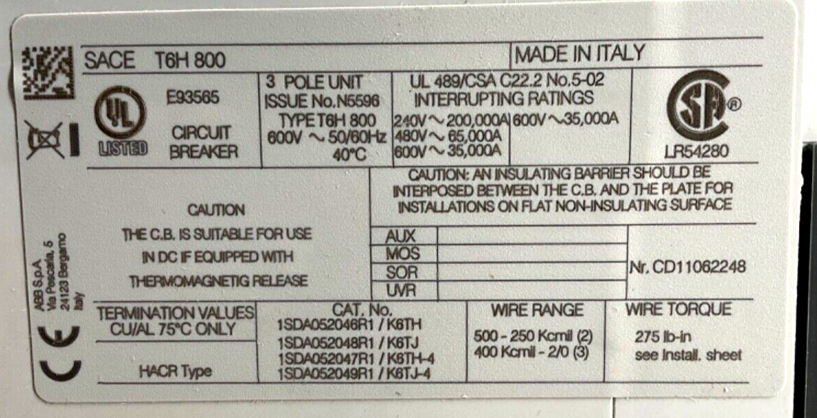 ABB SACE TMAX T6h 800 Circuit Breaker 3 Pole 600 Amp for sale online | eBay