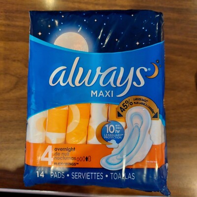 Always Maxi Pads, Size 4 Overnight with Wings, 14 Ct 10 hour protection ...