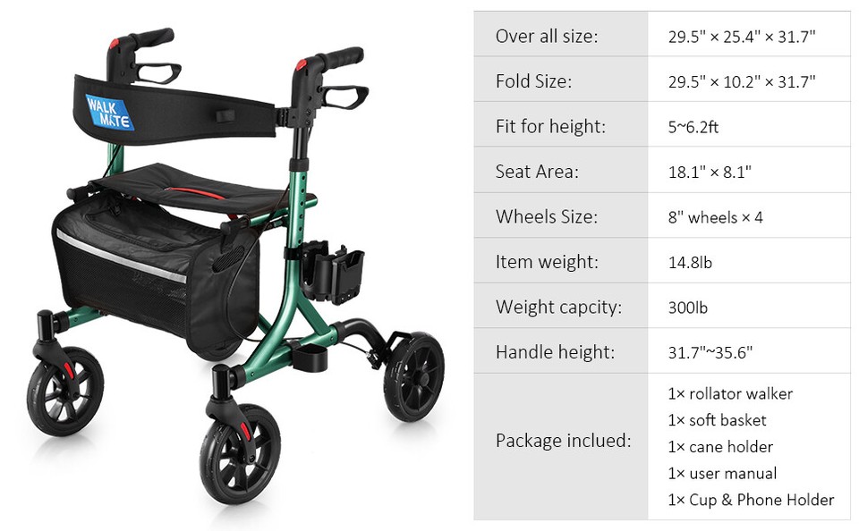 Walk Mate Rollator Walker For Seniors w/cup Holder, 8" Wheels, Folding ...