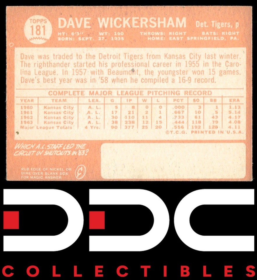 1964 Topps Set-Break #181 Dave Wickersham | eBay