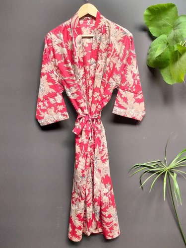 Indian Red Floral Printed Kimono Robes Sleepwear Maxi Night Gown Kimono ...