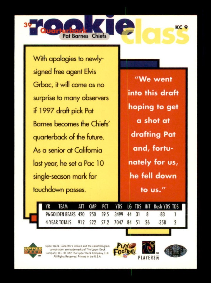 1997 Football Upper Deck Pat Barnes Kansas City Chiefs #39 RC | eBay