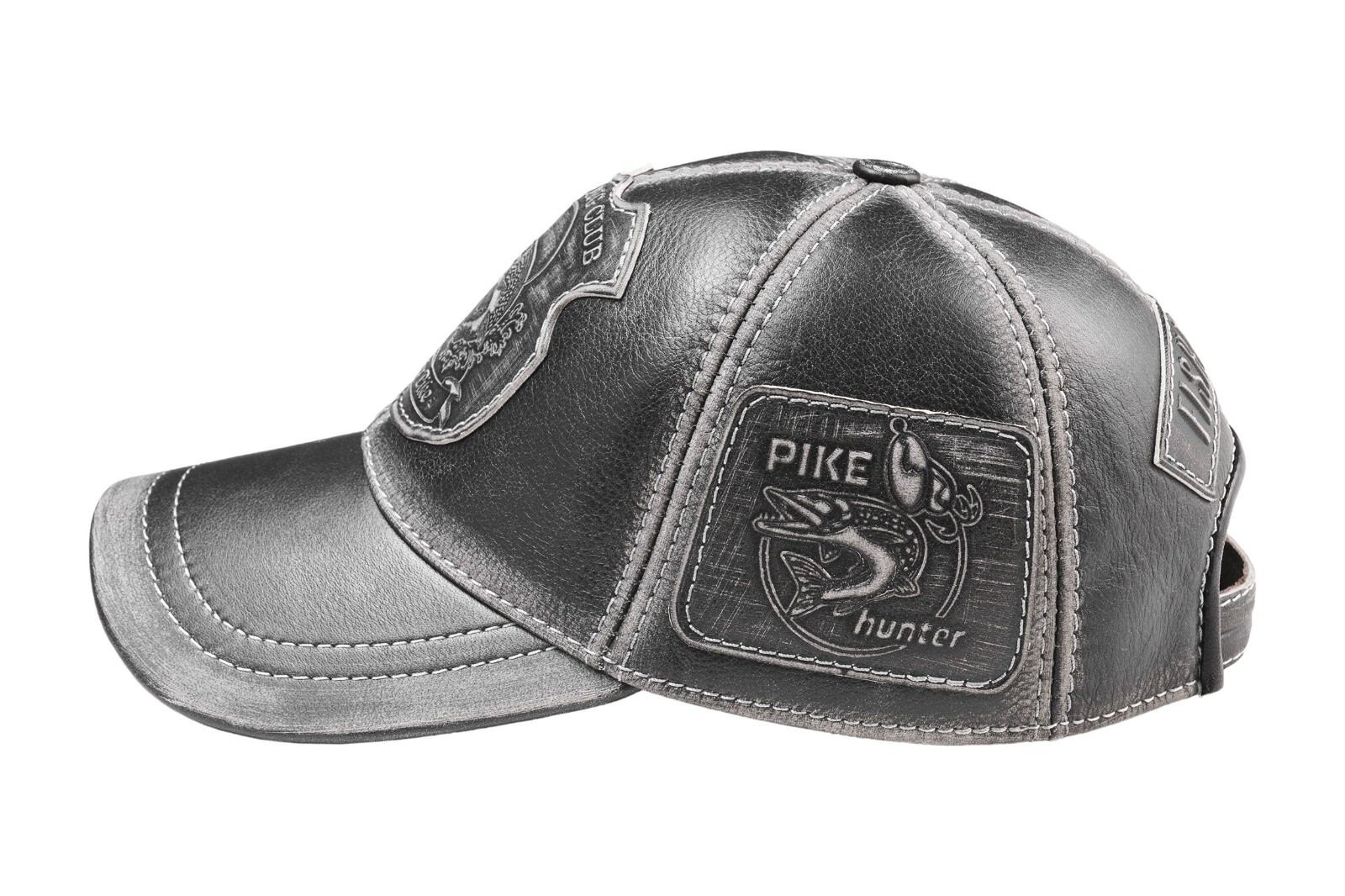 Pike Hunter Fisherman Leather Handcrafted Black Baseball Cap Dad Angler ...
