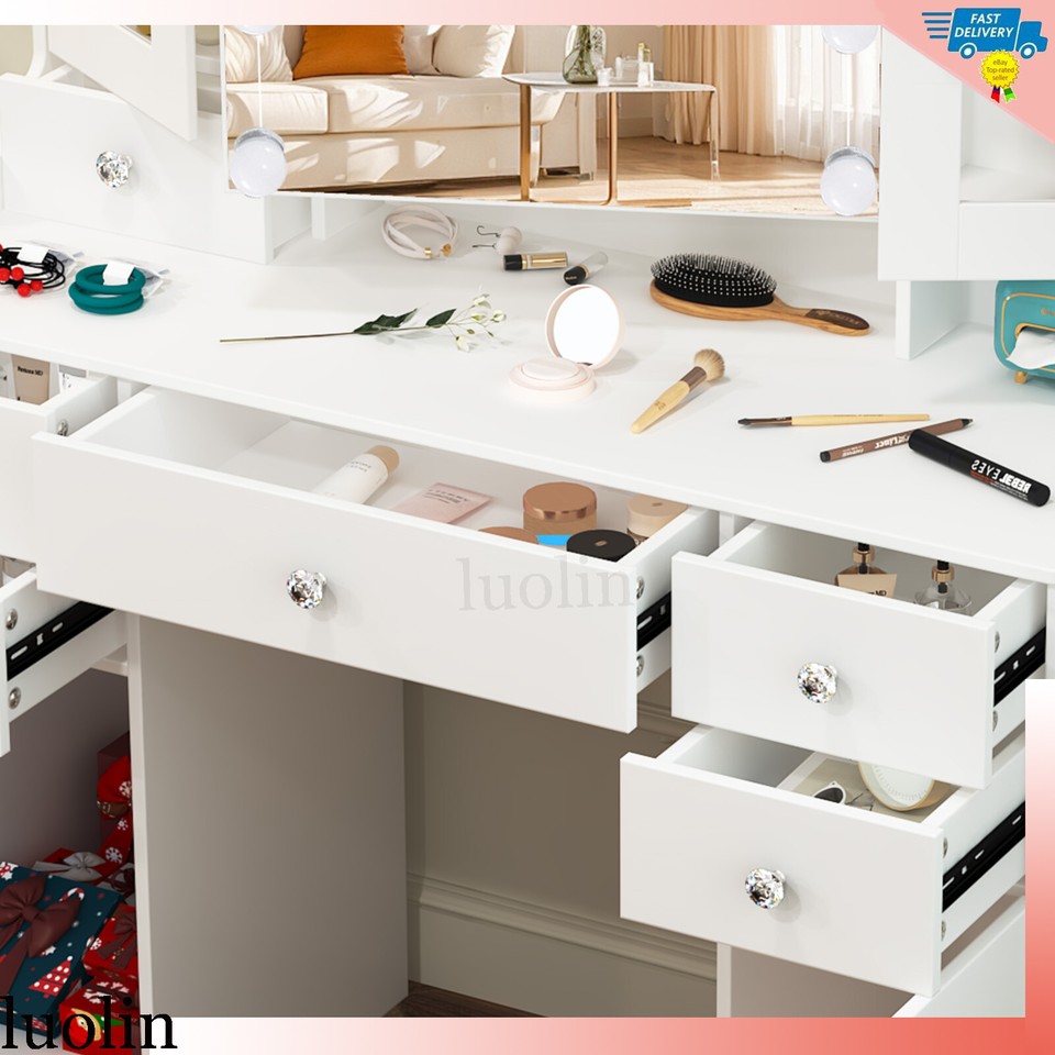 Vanity Table Dressing Desk Makeup with Openable Mirror 5 Drawers & 4 ...