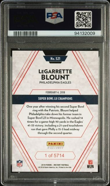 PSA 10 Gem Mint Pop 2 LeGarrette Blount 2018 Instant #521 Super Bowl ...