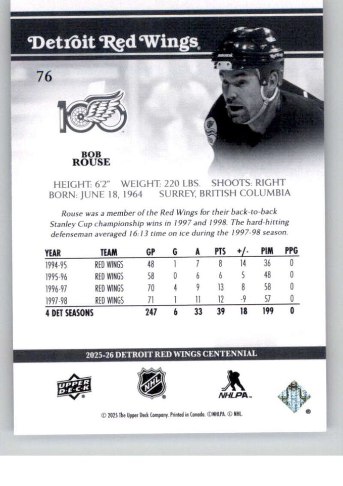 Bob Rouse 2025-26 Upper Deck Red Wings Centennial #76 Detroit NHL ID:153327 | eBay