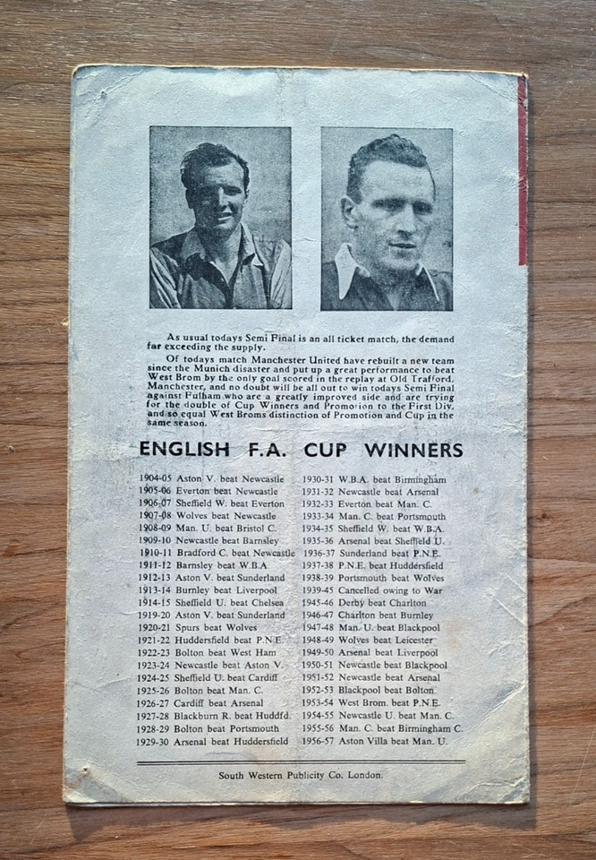 1958 - Manchester United v Fulham, FA Cup Semi Final Pirate Programme ...