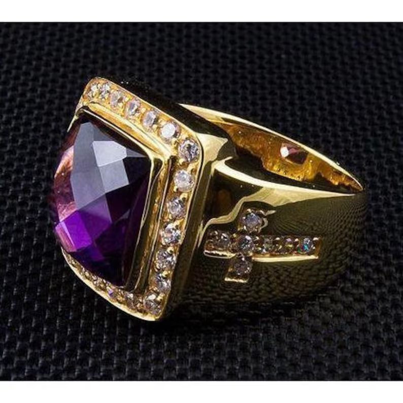 3.00 Ct Cushion Cut Simulated Amethyst Men's Bishop Ring 14K Yellow ...