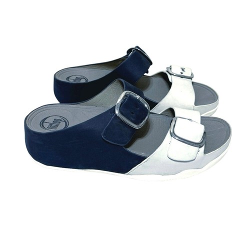 FitFlop Women’s Slip On Leather Double Strap Buckle Navy White Sandals ...