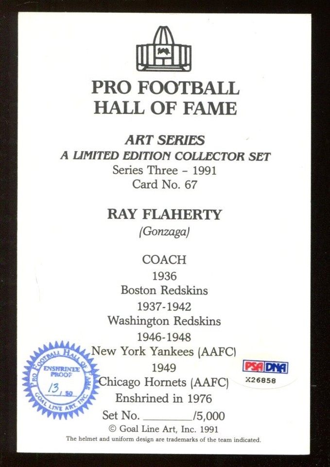 Ray Flaherty Signed Goal Line Art GLAC Blue Stamp Autographed Redskins ...