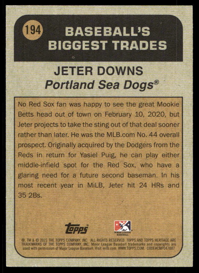 2021 Topps Heritage Minor League 194 Jeter Downs Portland Sea Dogs | eBay