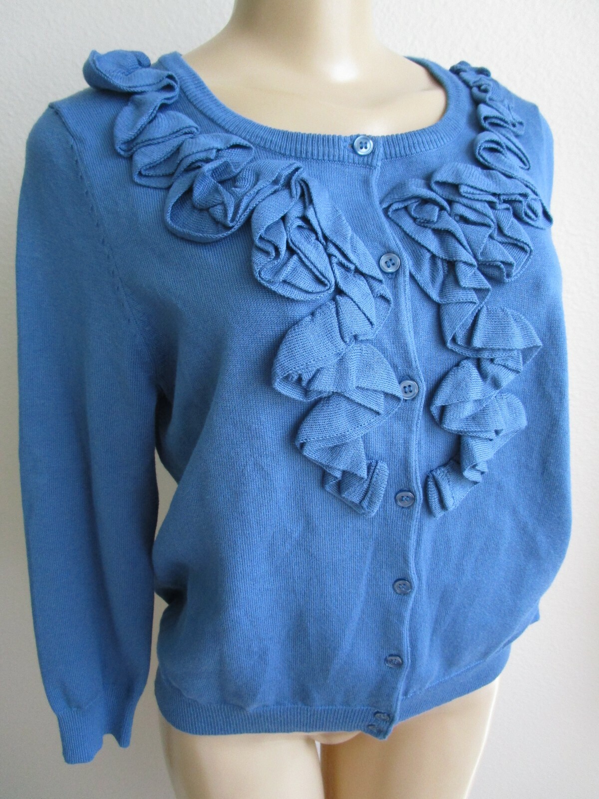 Prussian Blue Sweater Linda Matthews Pullover 3/4 Sleeve Ruffle Button ...